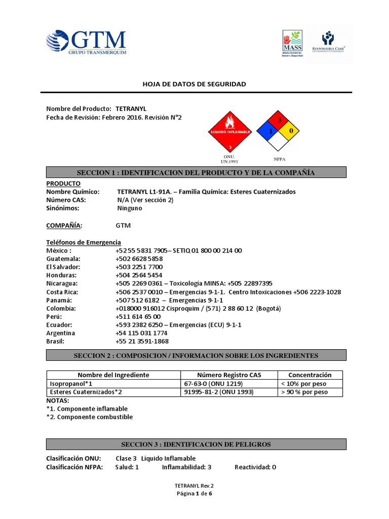 Tetranyl: Hoja de Seguridad y Usos | PDF | Solubilidad | Agua