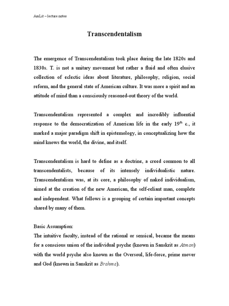 Transcendentalism: Amlit - Lecture Notes | PDF | Transcendentalism ...