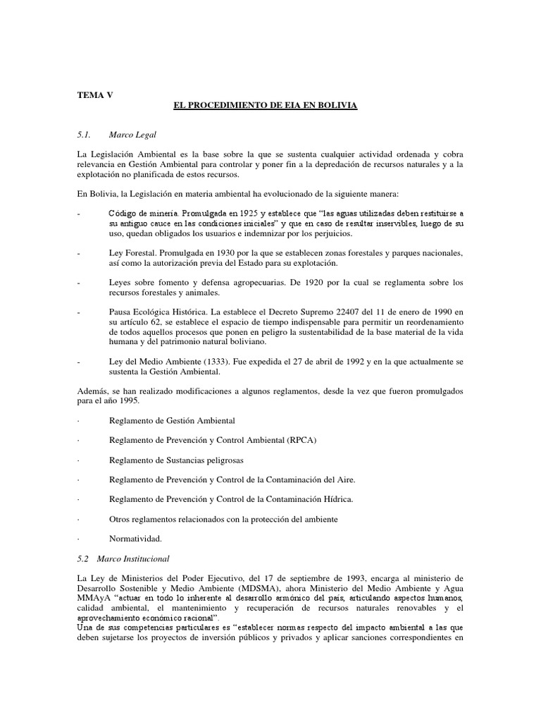 Tema V El Procedimiento de EIA en Bolivia | PDF | Evaluación de impacto ambiental | Entorno natural
