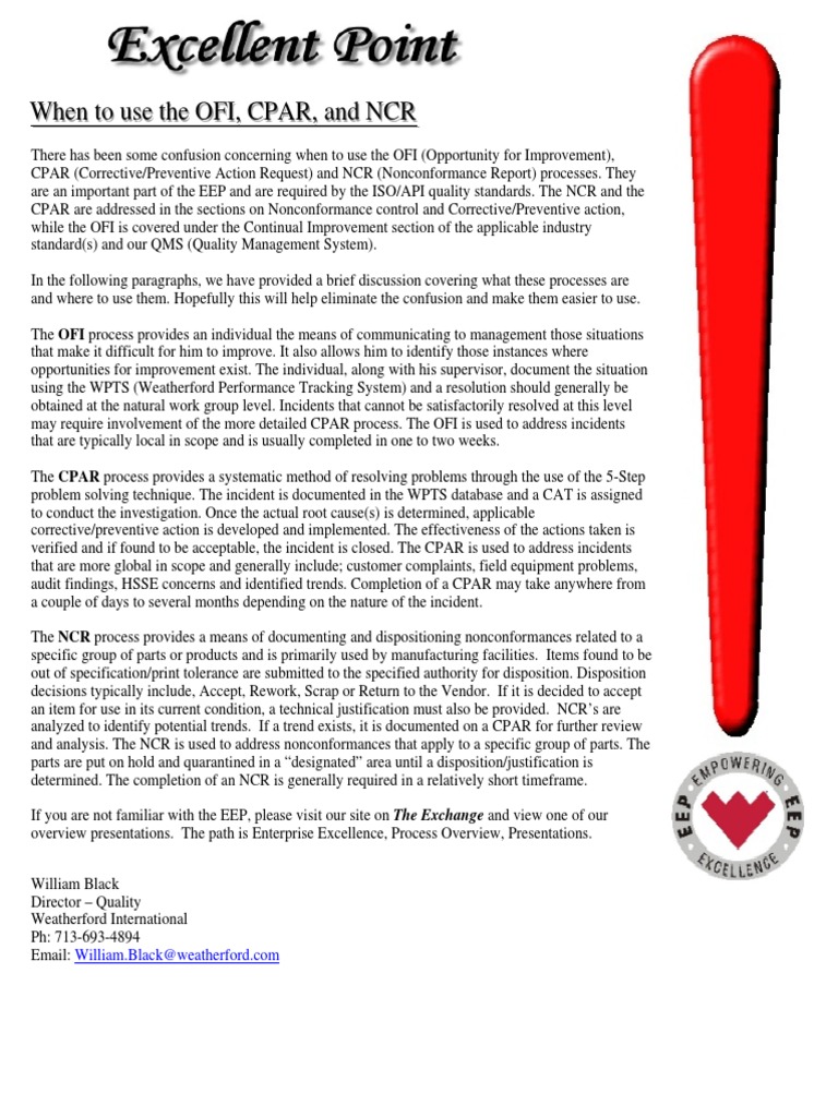 Excellent - Point - When - To - Use - OFI - NCR - CPAR | PDF | Quality ...