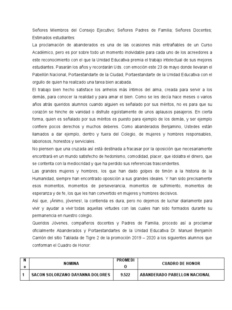 Discurso Del Rector Proclamacion de Abanderado | PDF | Hogar, jardinería y bricolaje | Salud y ...