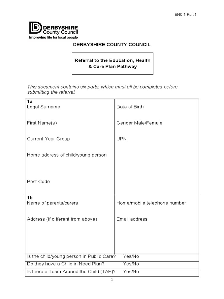 Derbyshire County Council: This Document Contains Six Parts, Which Must ...