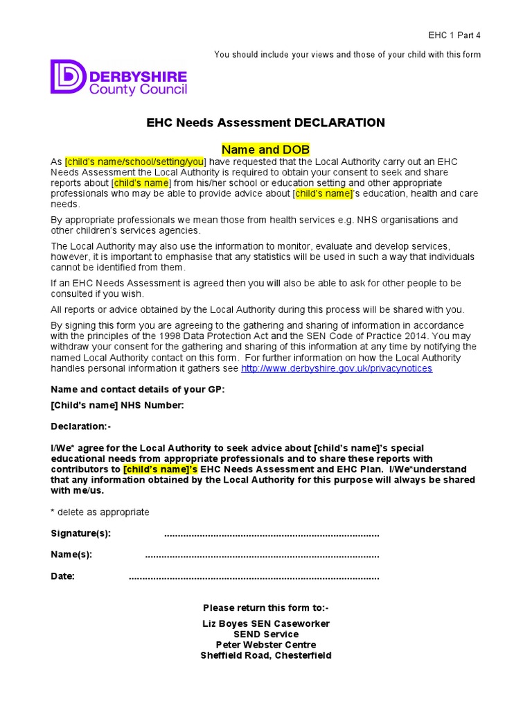 EHC 1 Part 4 - Declaration Form - Amended 24.10.17 | PDF | Needs ...