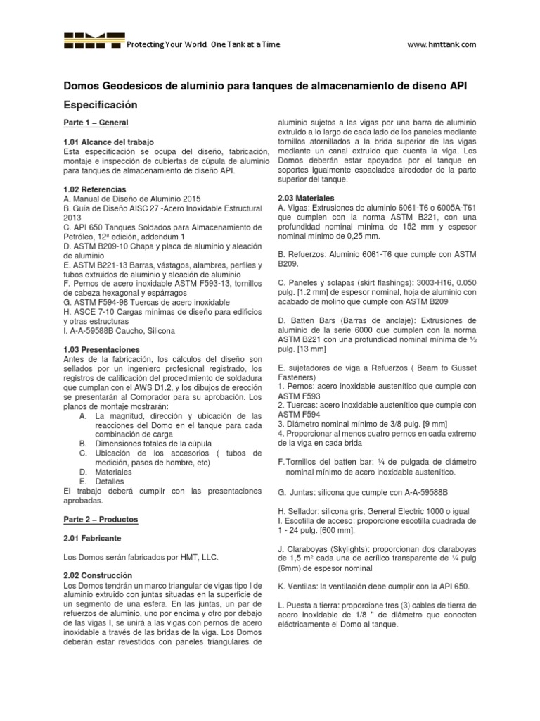 HMT Aluminum Dome Roofs For API Storage Tanks - Specifications-Spanish ...