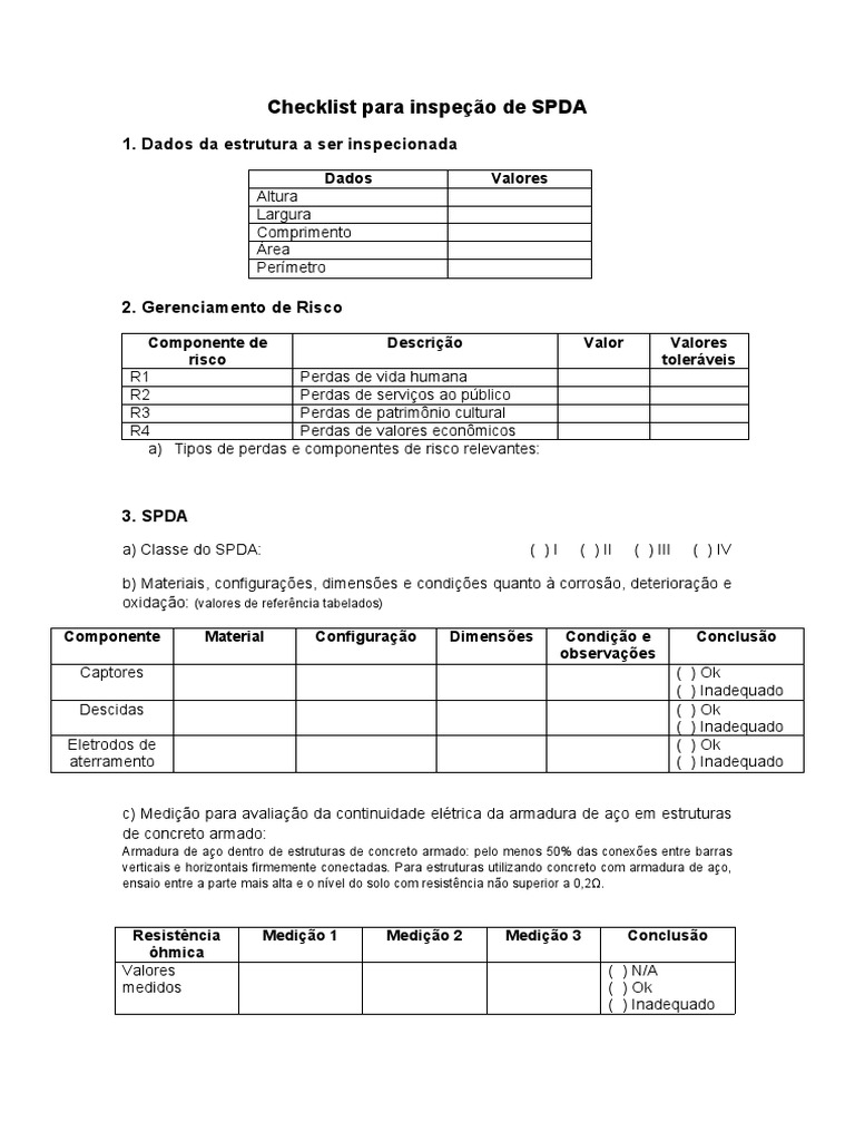 Valores de Referência - Checklist para SPDA | PDF | Condutor elétrico | Relâmpago