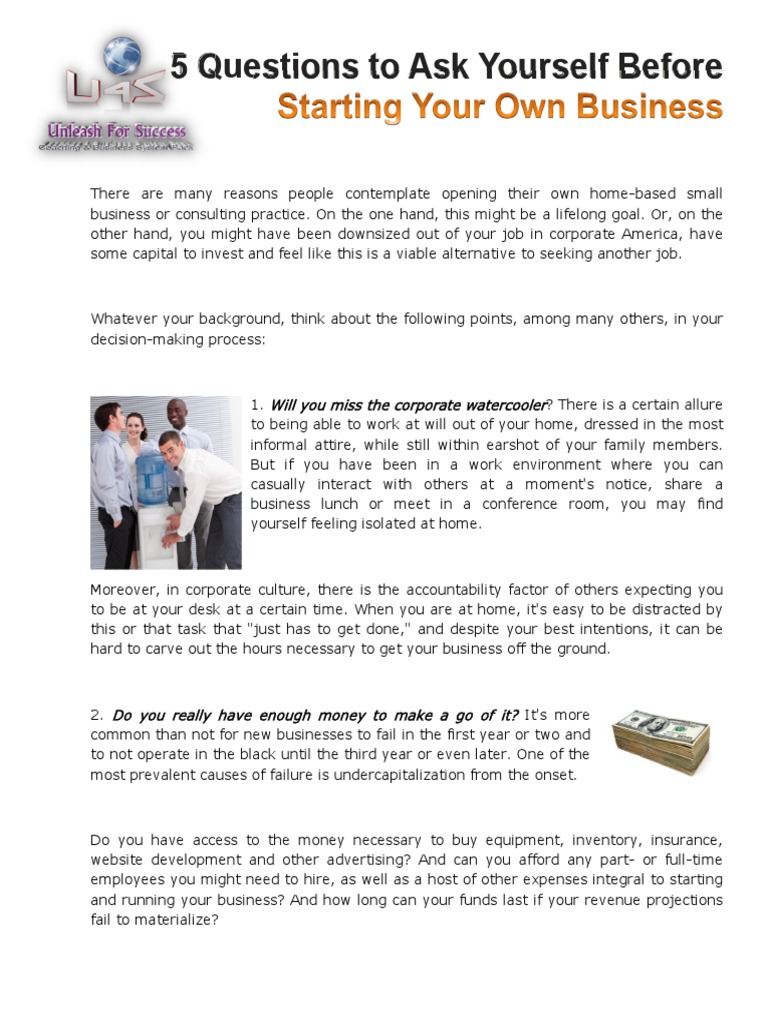 5 Question To Ask Yourself Before Start A Business Pdf Business