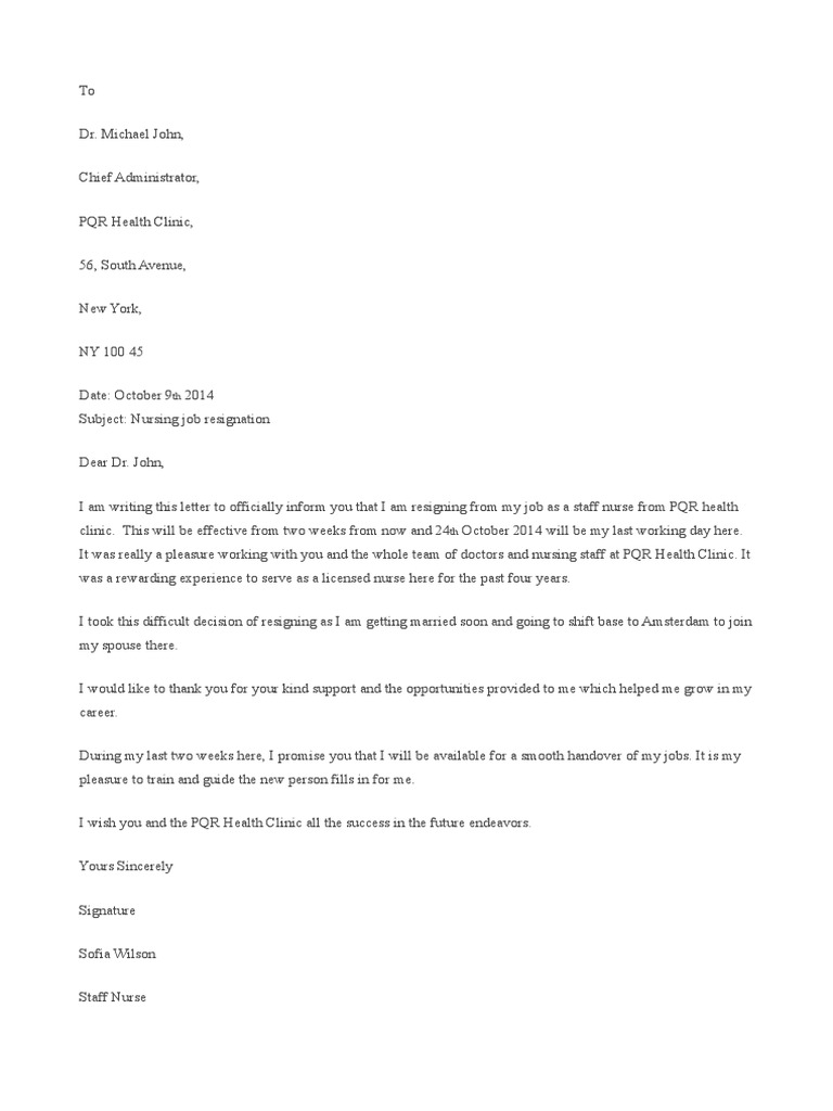 Sample Nurse Resignation Letter | PDF