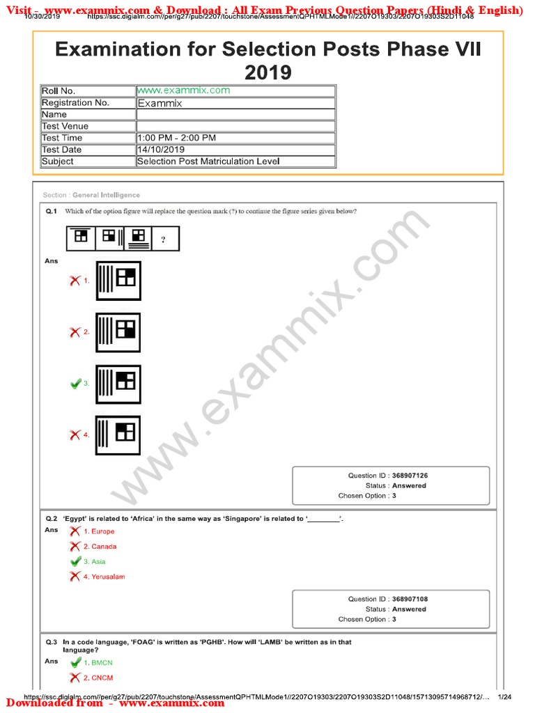 SSC Selection Post Phase VII (2019) Question Paper 14.10.2019 English ...