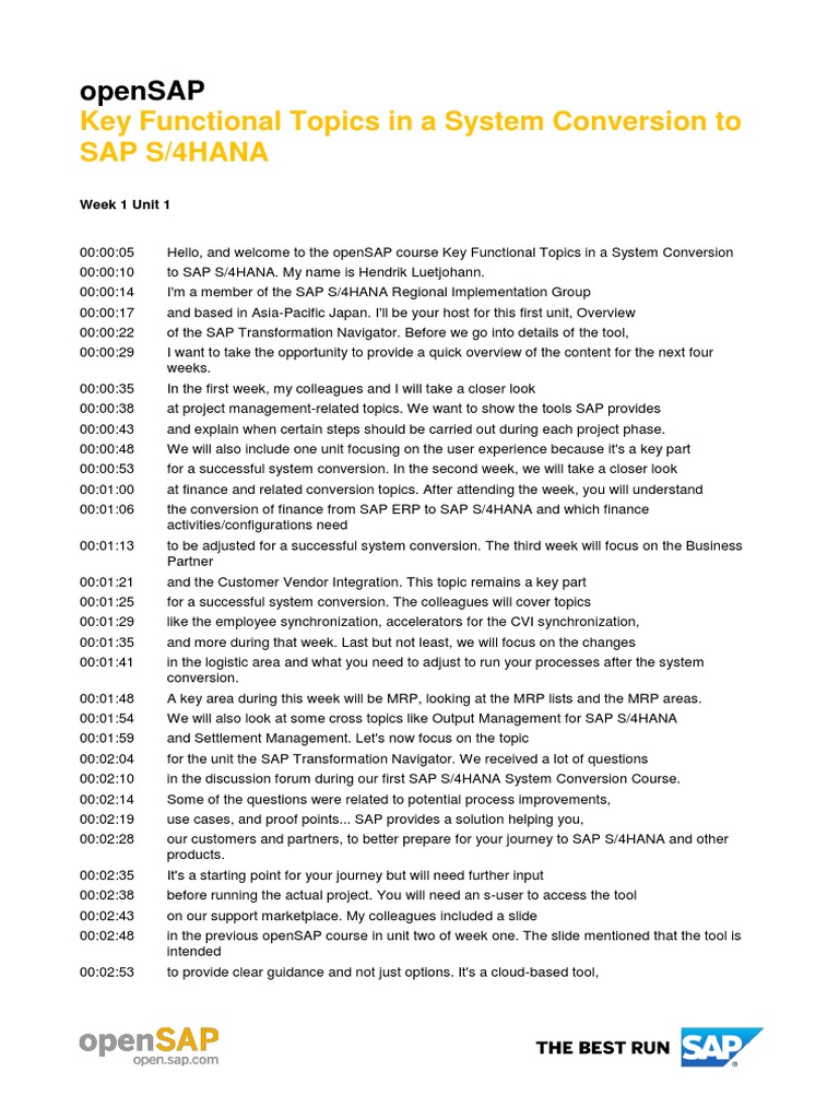 openSAP s4h15 Week 1 Transcript en PDF | PDF | Sap Se | Enterprise Resource Planning