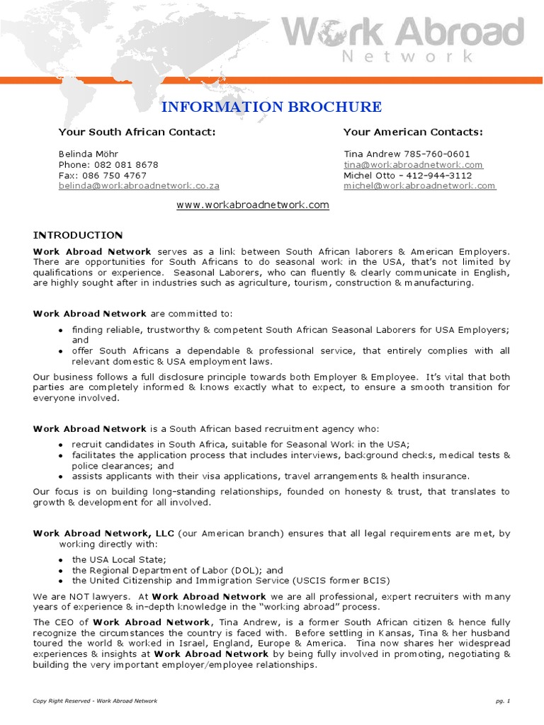 Work Abroad Info Brochure 2017 | PDF | Travel Visa | Employment