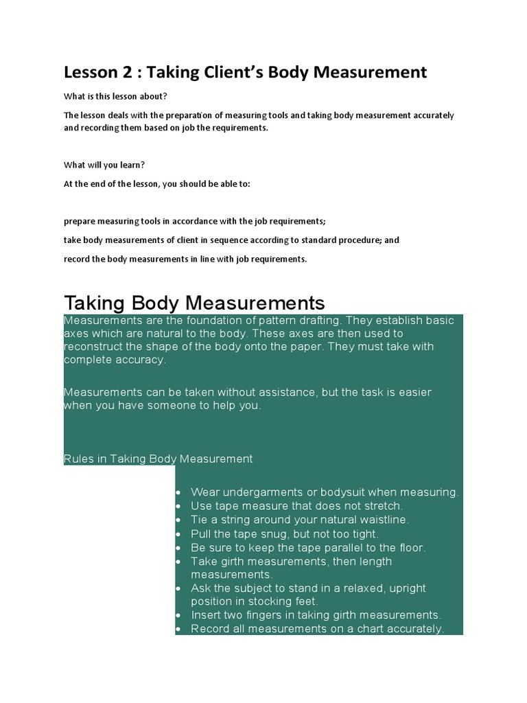 Taking Body Measurement Pattern Drafting | PDF | Waist | Length