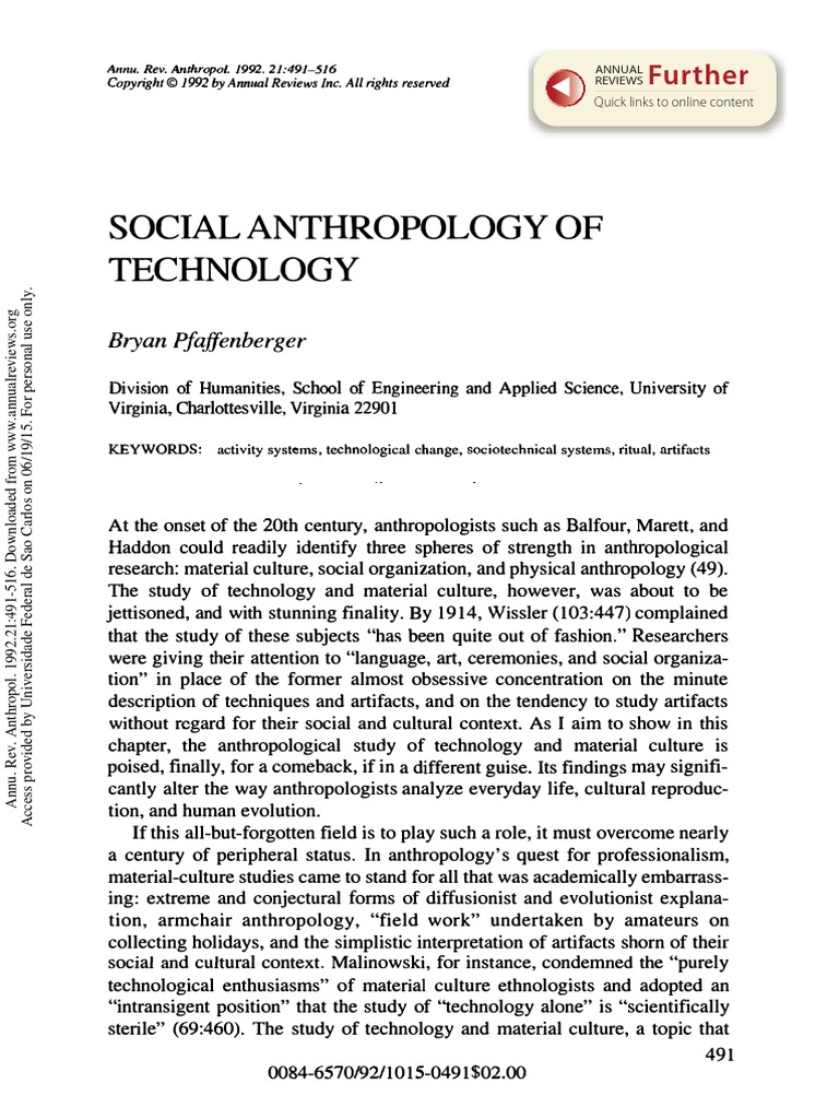 Social Anthropology of Technology Bryan Pfaffenberger: Further | PDF ...
