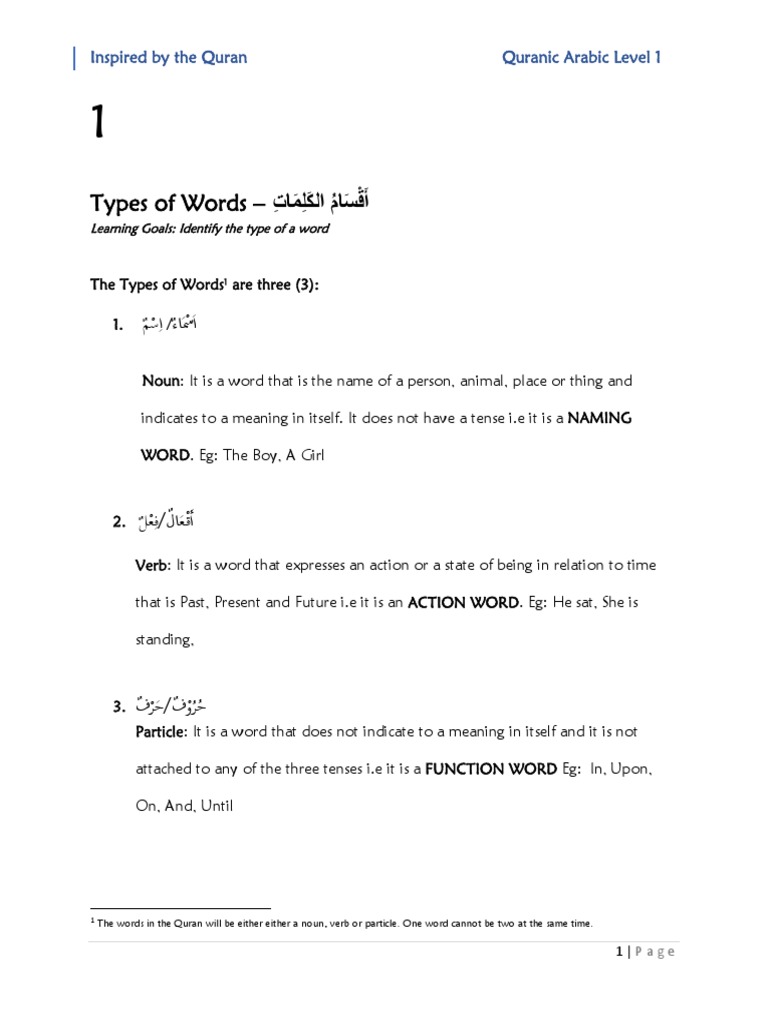Types of Words - : Inspired by The Quran Quranic Arabic Level 1 | PDF ...