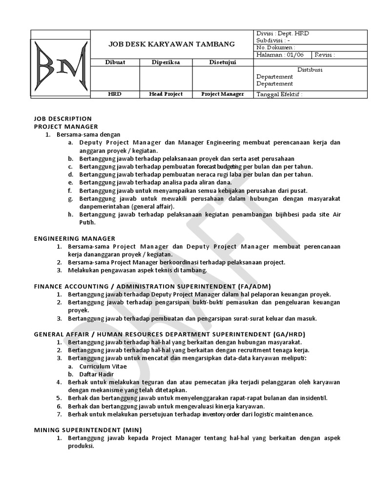 Job Desk Karyawan Tambang | PDF | Teknologi & Rekayasa