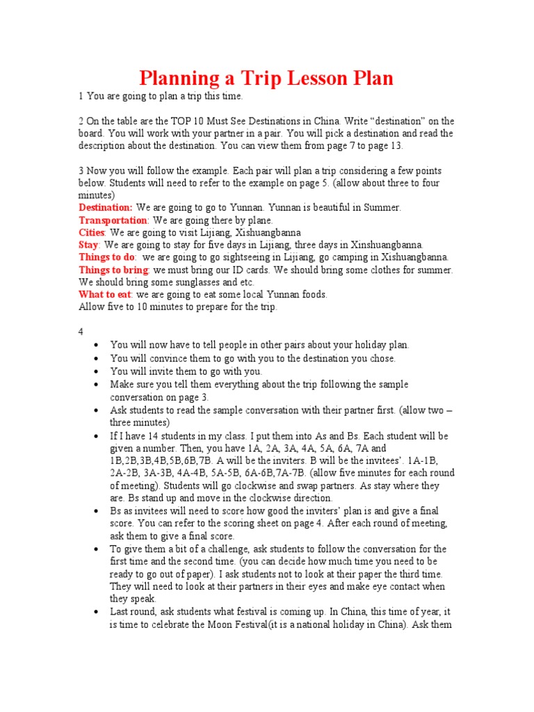 Planning A Trip Lesson Plan: Destination: Transportation Cities Stay ...