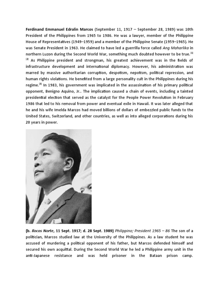Ferdinand Emmanuel Edralin Marcos (September 11, 1917 - September 28 ...
