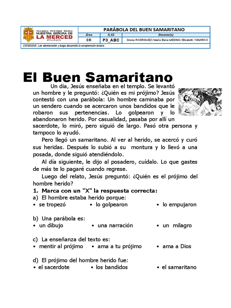 PARABOLA DEL BUEN SAMARITANO.docx | Textos Religiosos | Religión y creencia