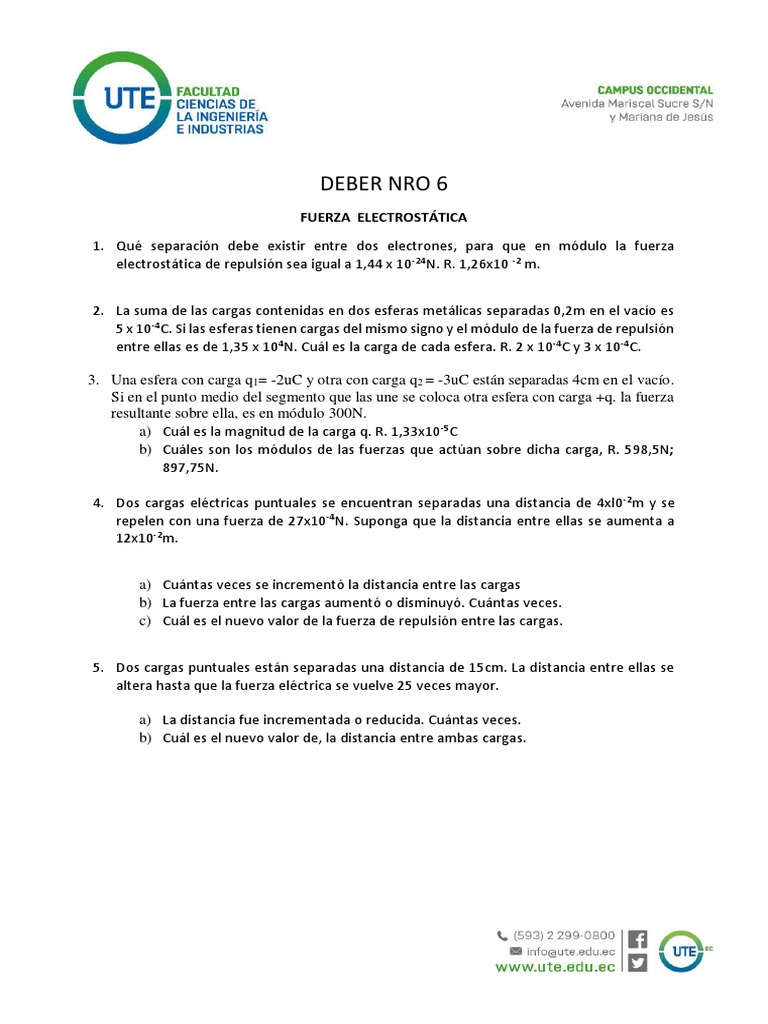 Deber 6 Fuerza Electrostatica | PDF | Electrostática | Esfera