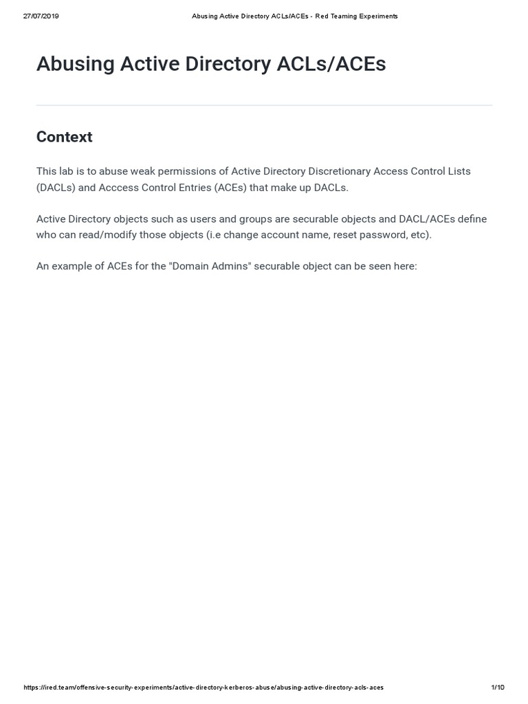 Abusing Active Directory Acls Aces Red Teaming Experiments Pdf Pdf Active Directory