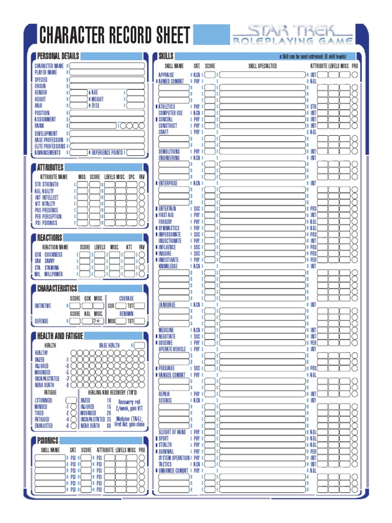 Character Record Sheet: Skills Personal Details | PDF | Role Playing ...