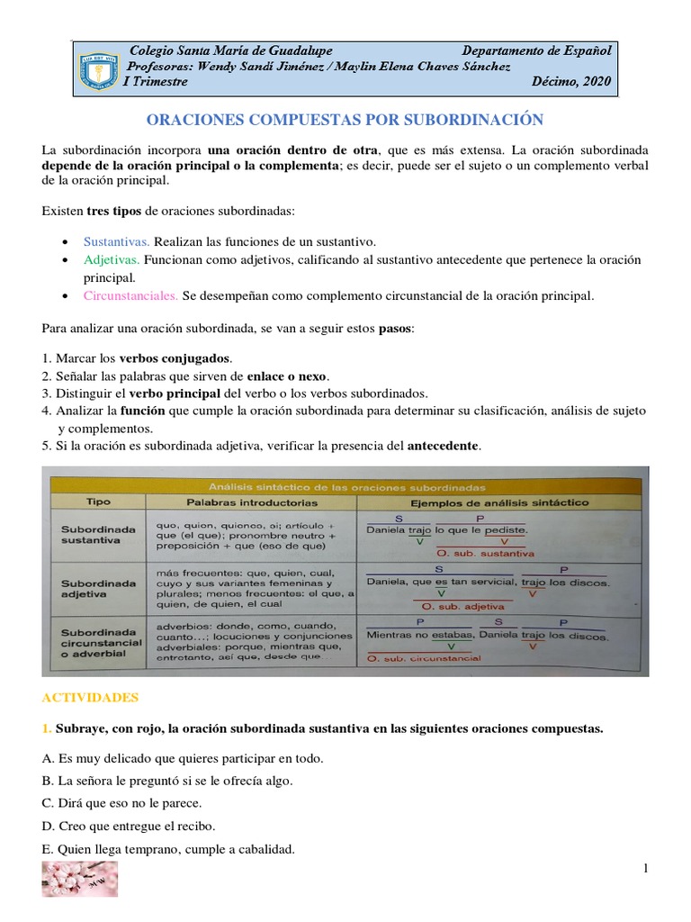 Clasificación de Oraciones Subordinadas | PDF | Oración (Lingüística ...