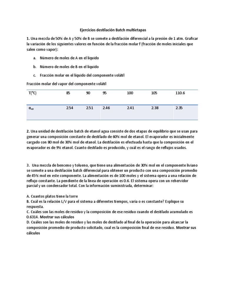 Ejercicios Destilación Batch Multietapas | PDF