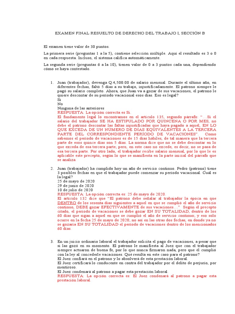 Examen Resuelto, Final, Laboral I, B | PDF | Salario | Prueba (evaluación)