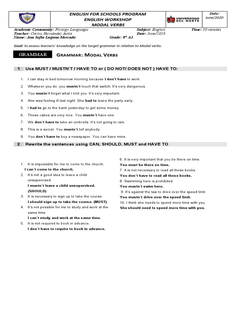 Workshop 8th A1 Modal Verbs | PDF | English Language | Syntax