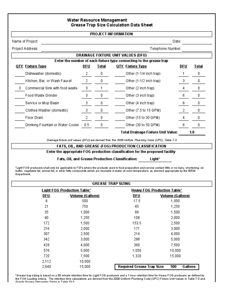 Grease Trap Sizing Form 2009 UPC | PDF | Hydraulic Engineering | Water