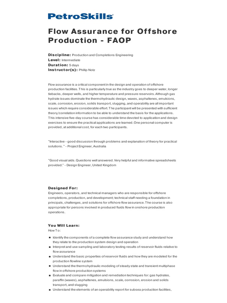 Flow Assurance Fundamentals for Offshore Production: A Comprehensive 5 ...