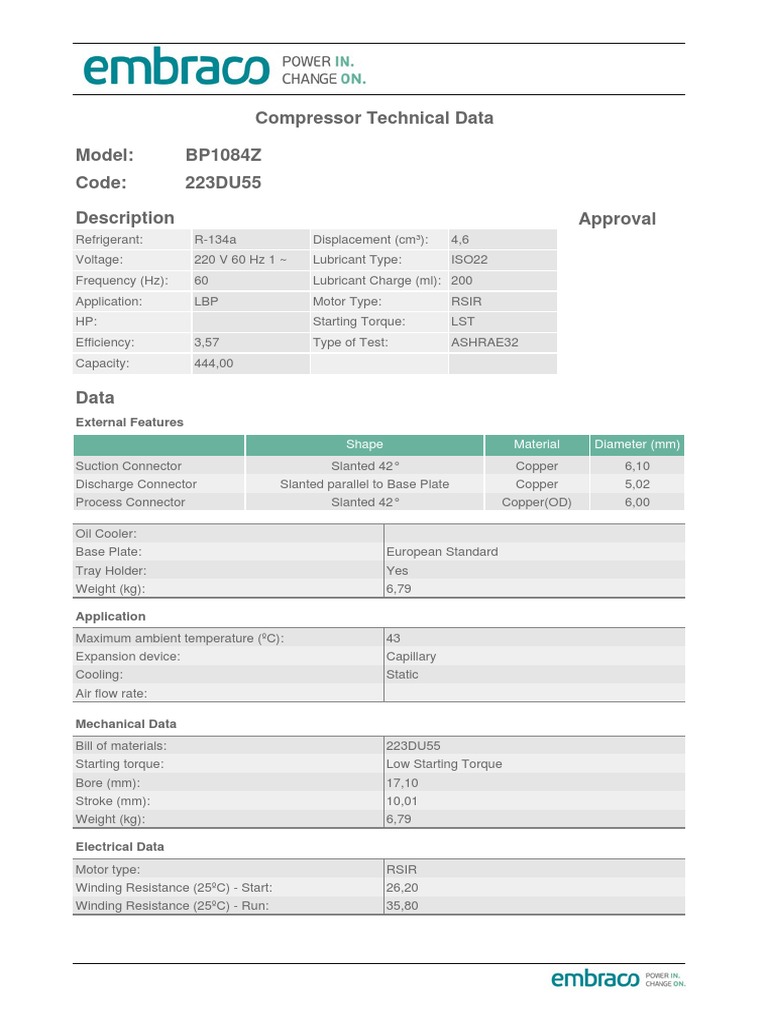 Compressor Technical Data BP1084Z Code: Model:: External Features | PDF | Electric Motor ...