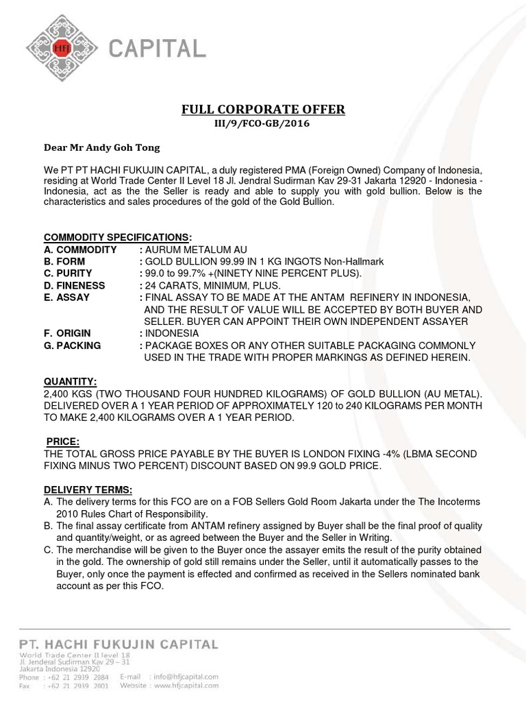 Full Corporate Offer: III/9/FCO-GB/2016 Dear MR Andy Goh Tong | PDF ...