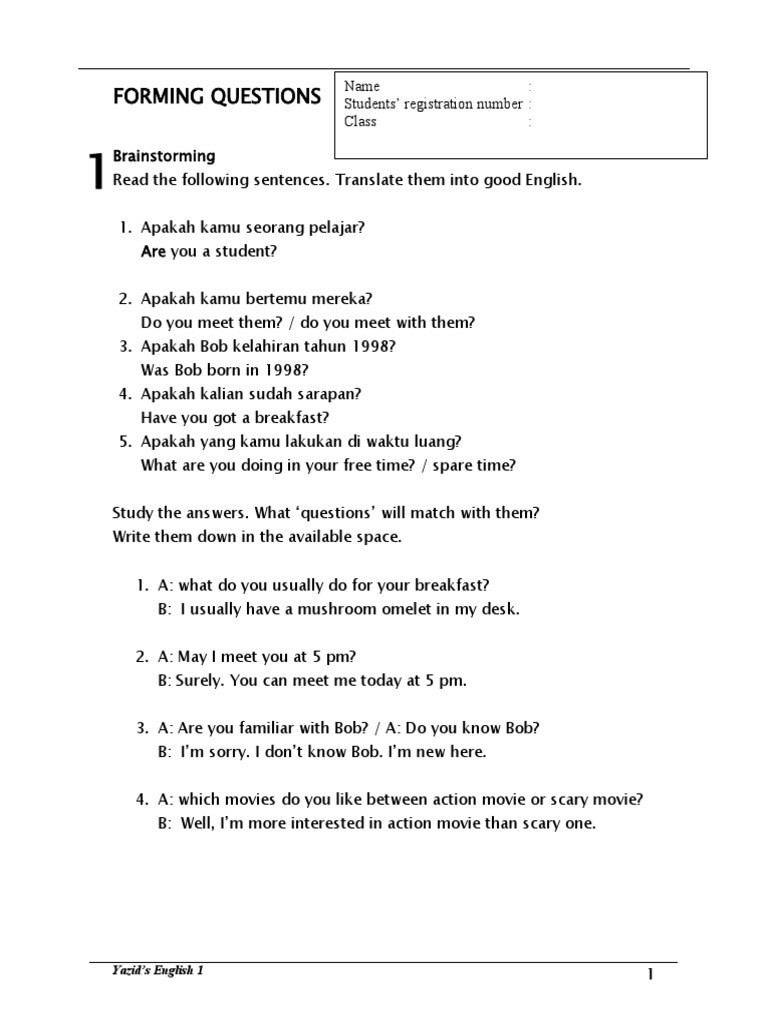 Forming Questions: Yazid's English 1 | PDF | Linguistic Typology ...