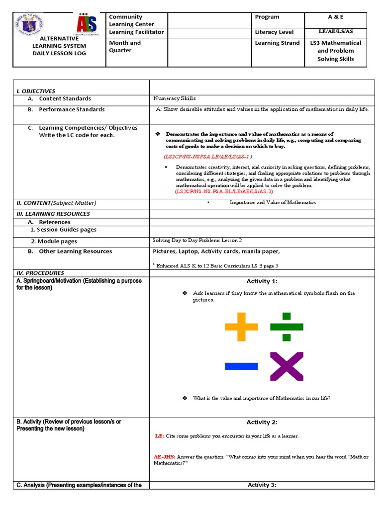 I. Objectives: Numeracy Skills A: Show Desirable Attitudes and Values ...