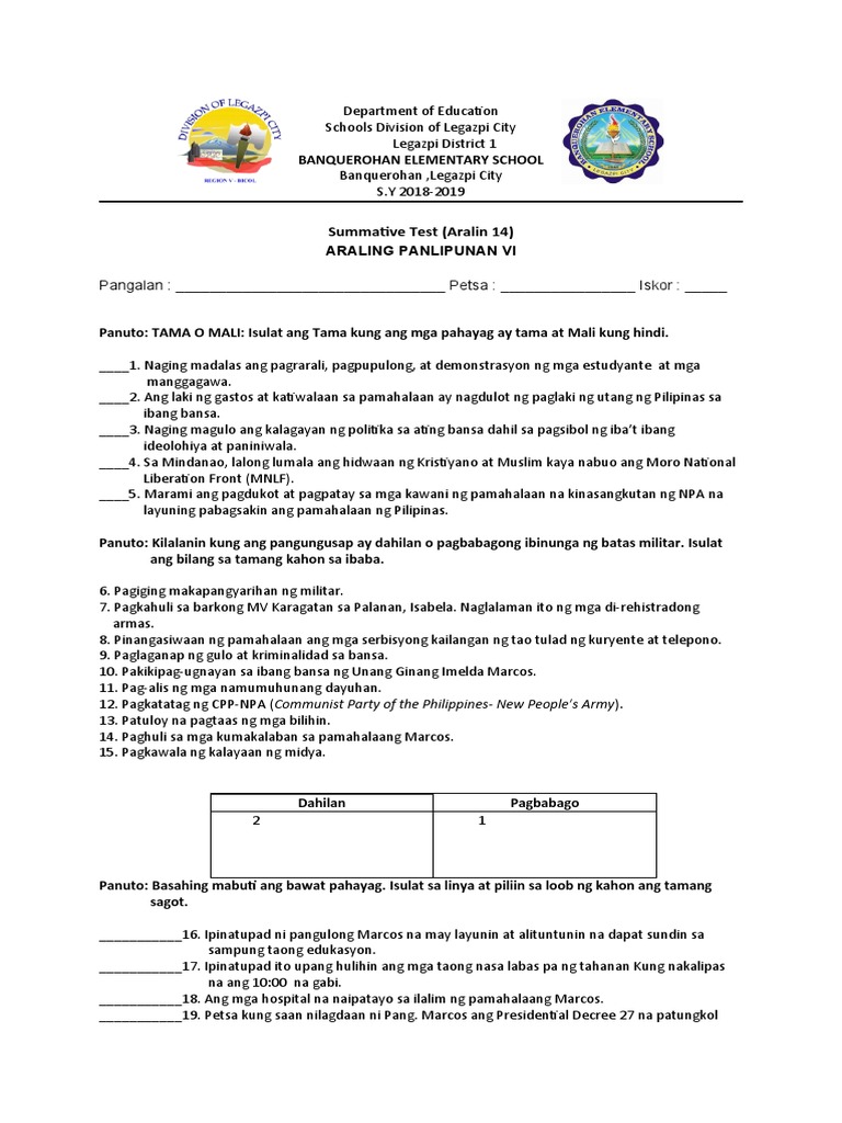 4th. Quarter Summative Test in AP 6 With Key To Correction | PDF