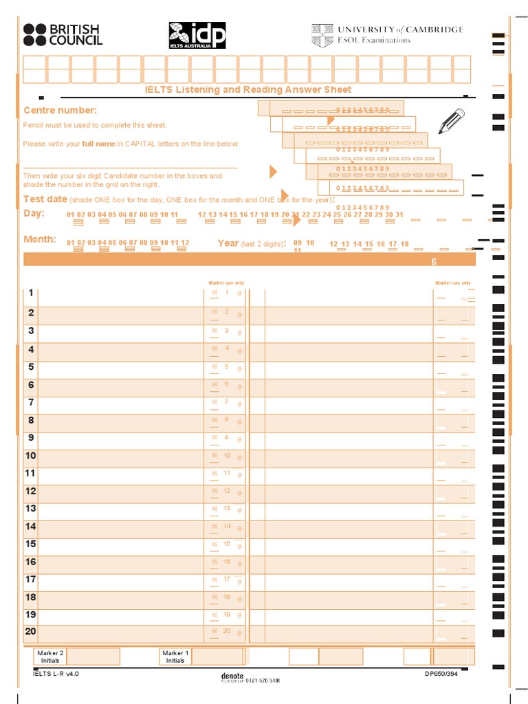IELTS Listening and Reading Answer Sheet Centre Number:: G Listening ...