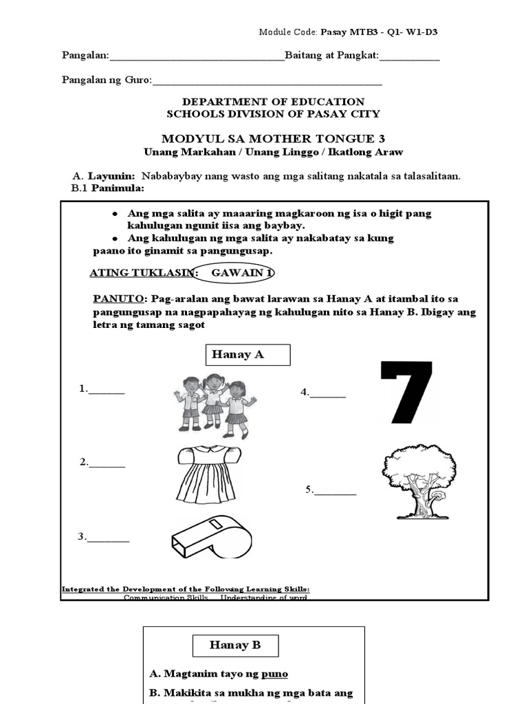 Modyul Sa Mother Tongue 3: Module Code: Pasay MTB3 - Q1-W1-D3 | PDF