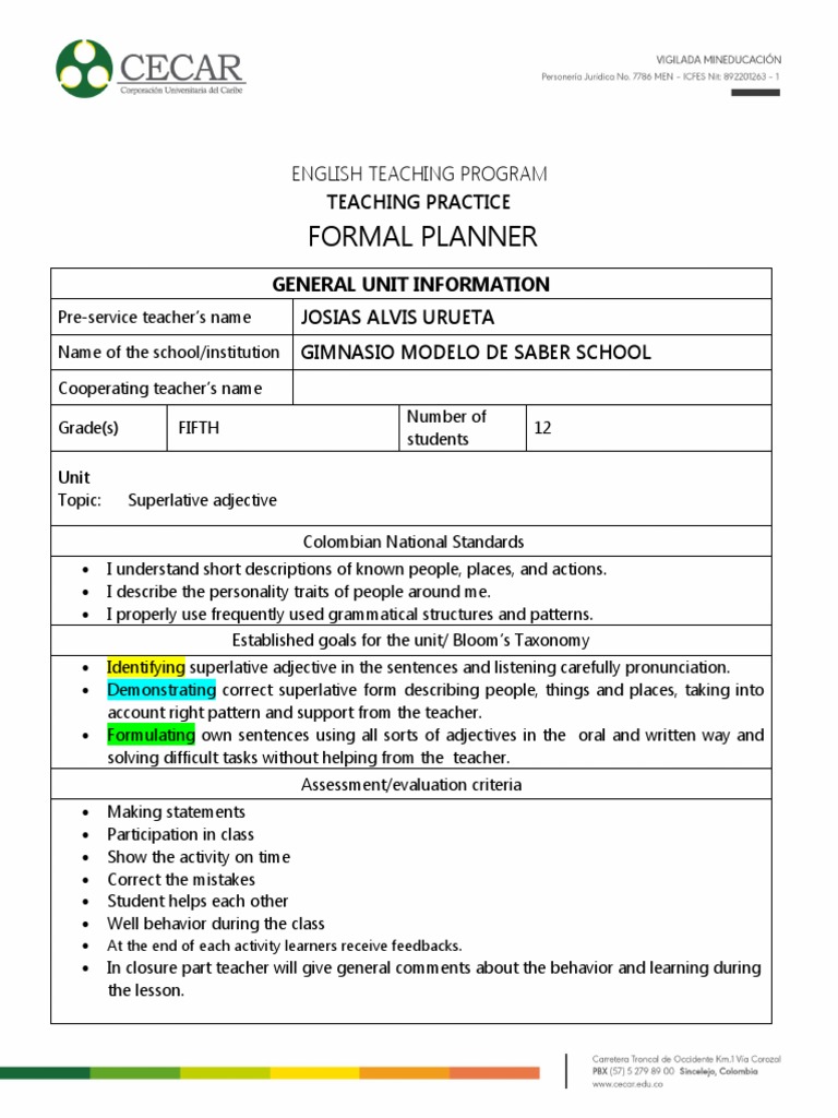 Fifth Grade English Lesson Plan | PDF | Lesson Plan | Learning