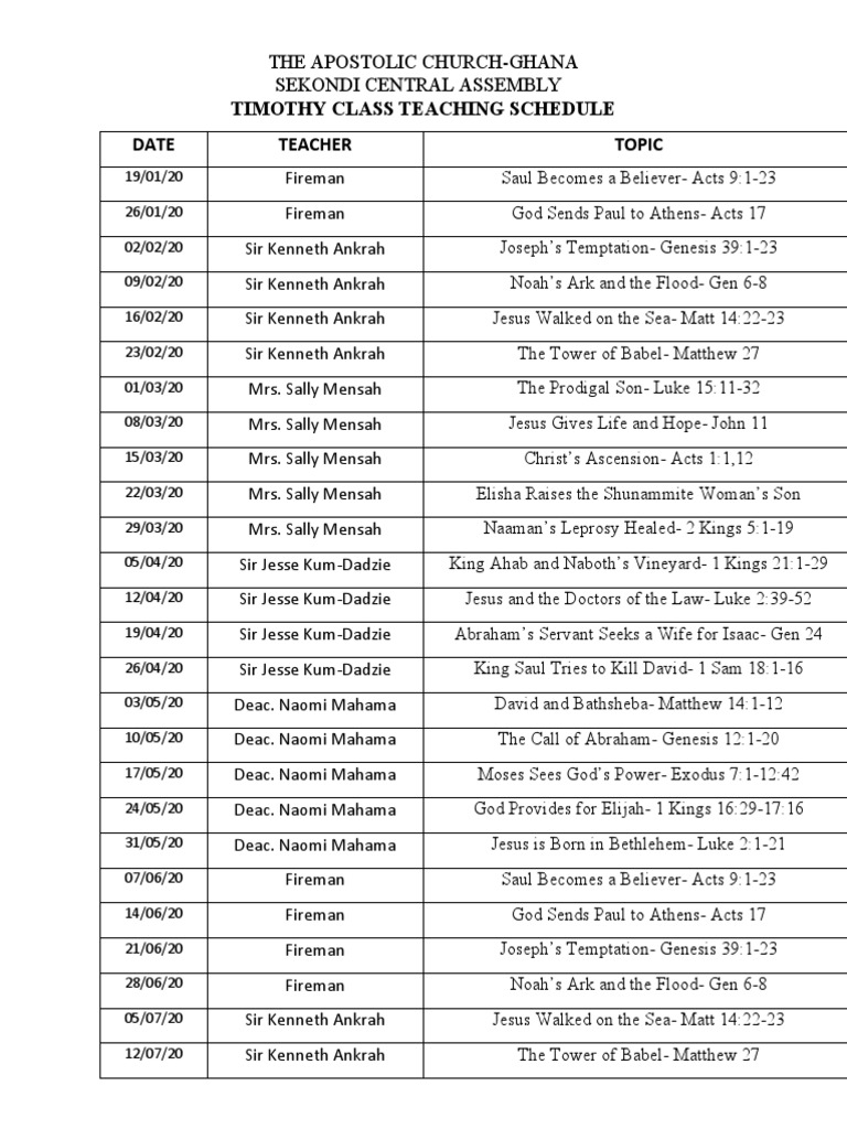 Timothy Class Teaching Schedule | PDF | Book Of Genesis | Elijah