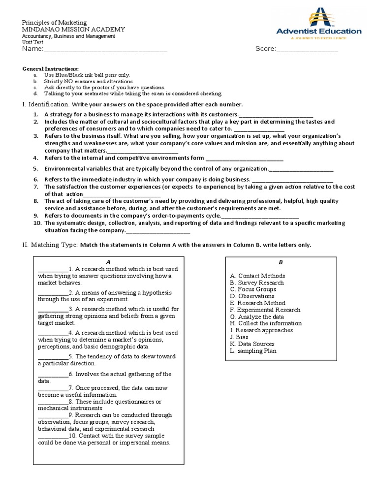 Mindanao Mission Academy Marketing Test | PDF | Survey Methodology ...