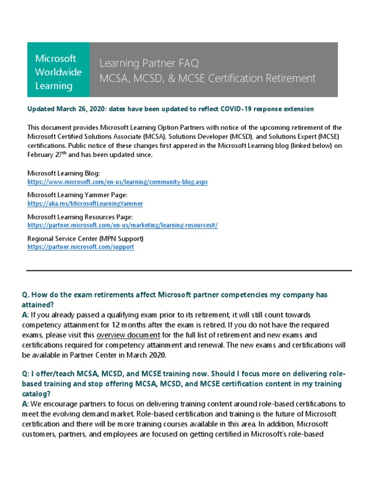Learning Partner FAQ MCSA, MCSD, & MCSE Certification Retirement | PDF | Microsoft Certified ...