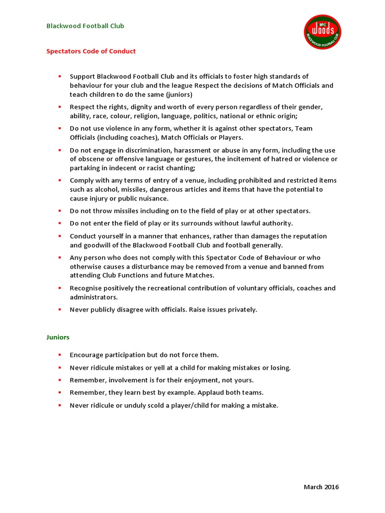 Spectators Code of Conduct 2017 PDF | PDF