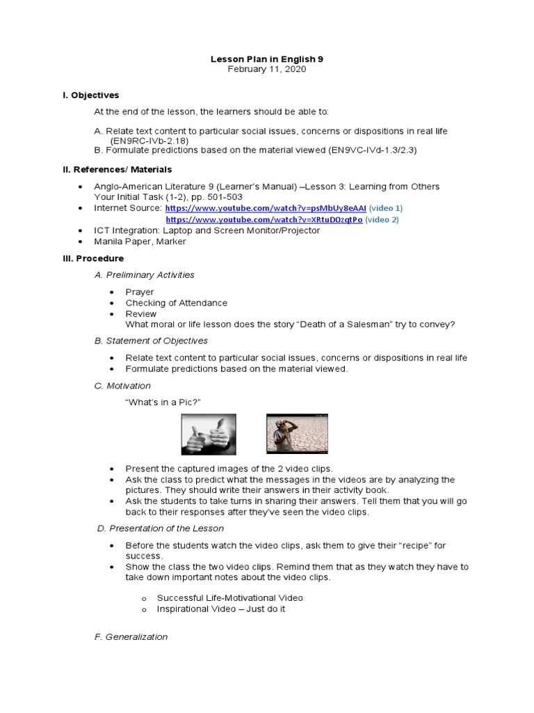 Lesson Plan in English 9: A. Preliminary Activities | PDF | Educational ...
