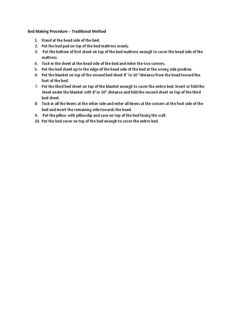 Bed Making Procedure - Traditional Method | PDF