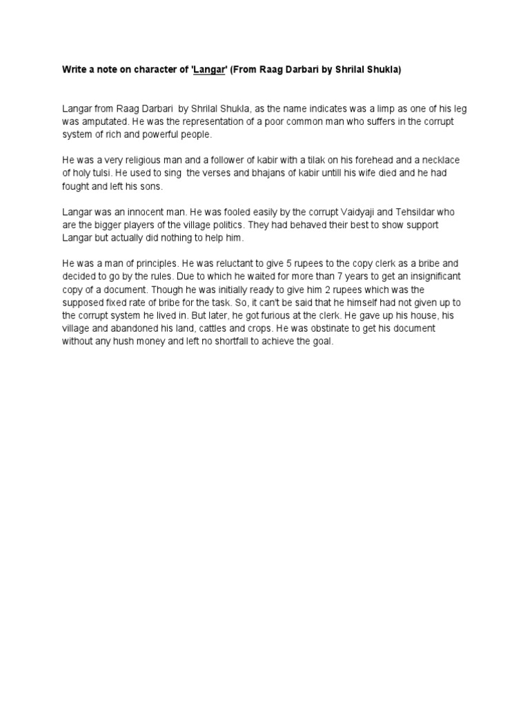 Write A Note On Character of 'Langar' (From Raag Darbari by Shrilal ...