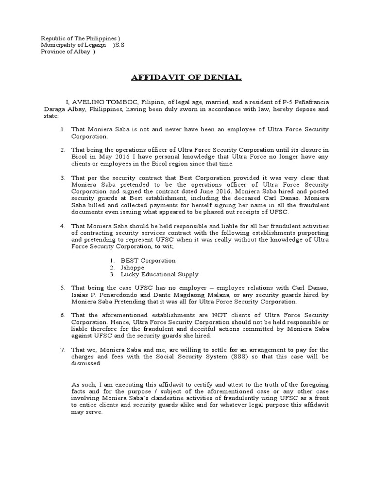 Affidavit of Denial | PDF | Affidavit | Private Law
