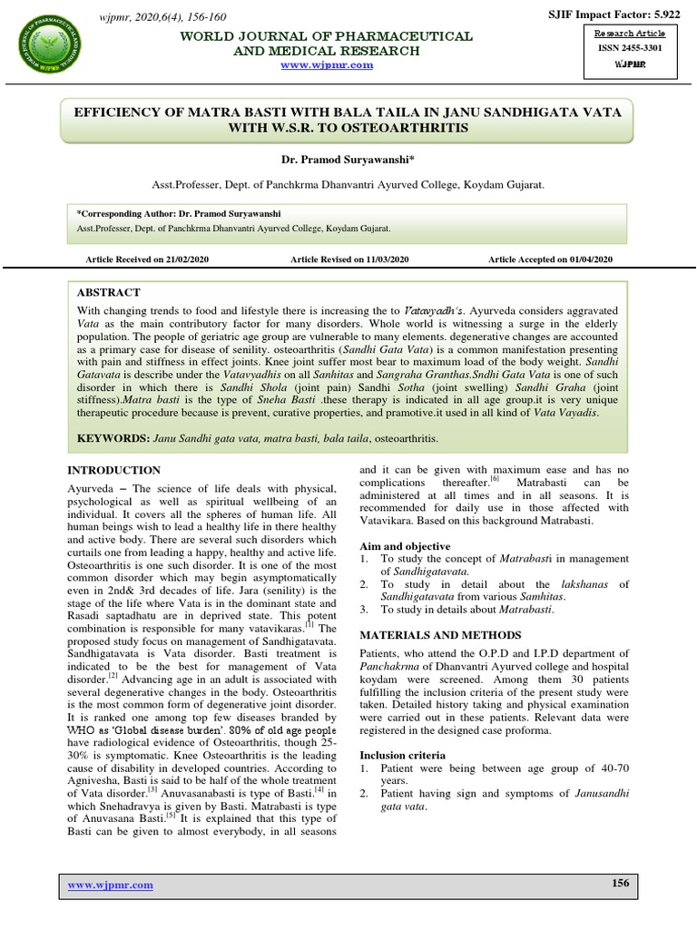 Efficiency of Matra Basti With Bala Taila in Janu Sandhigata Vata With ...