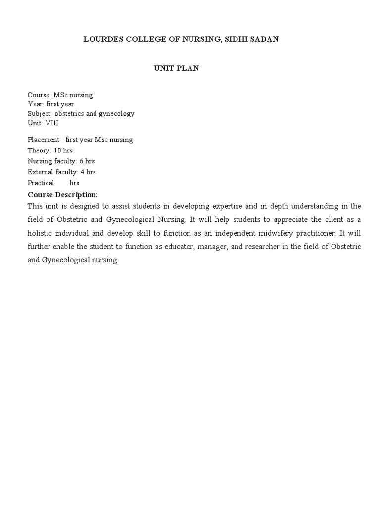 Unit Plan For MSC First Year Obg 8th Unit | PDF | Gynaecology | Obstetrics