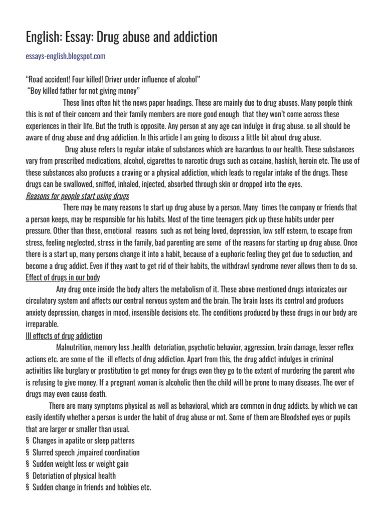 Essays - English - Essay - Drug Abuse and Addiction | PDF | Substance ...