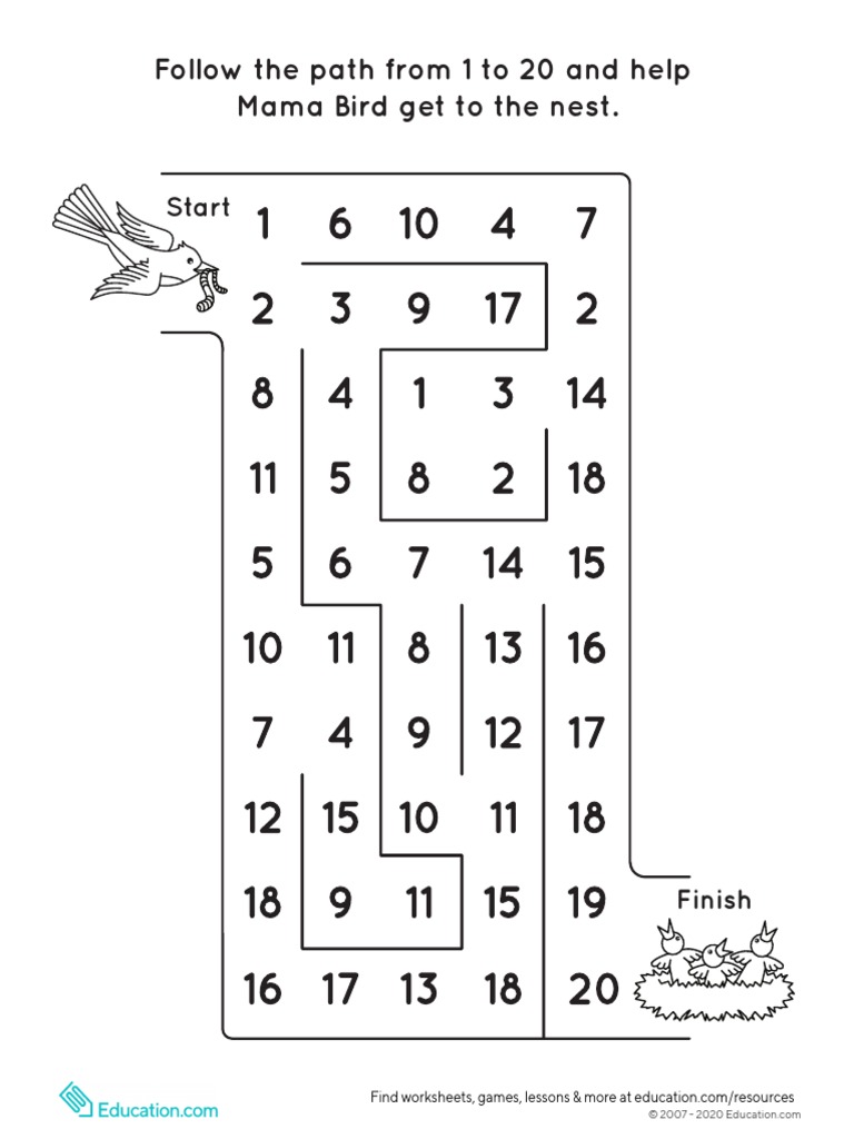Follow The Path From 1 To 20 and Help Mama Bird Get To The Nest | PDF ...